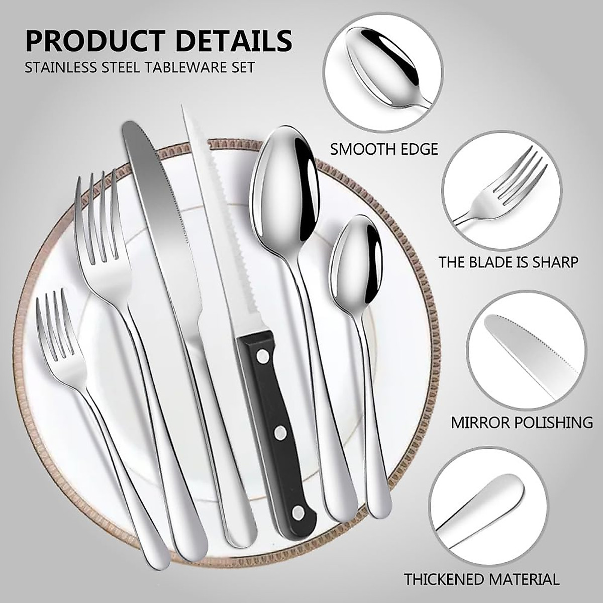 Silverware Set 24-Pieces Flatware Set Cutlery Set with Steak Knives Food-Grade Stainless Steel Home Essentials for New Home Forks Spoons And Knives Set Dishwasher Safe Daily Household Use
