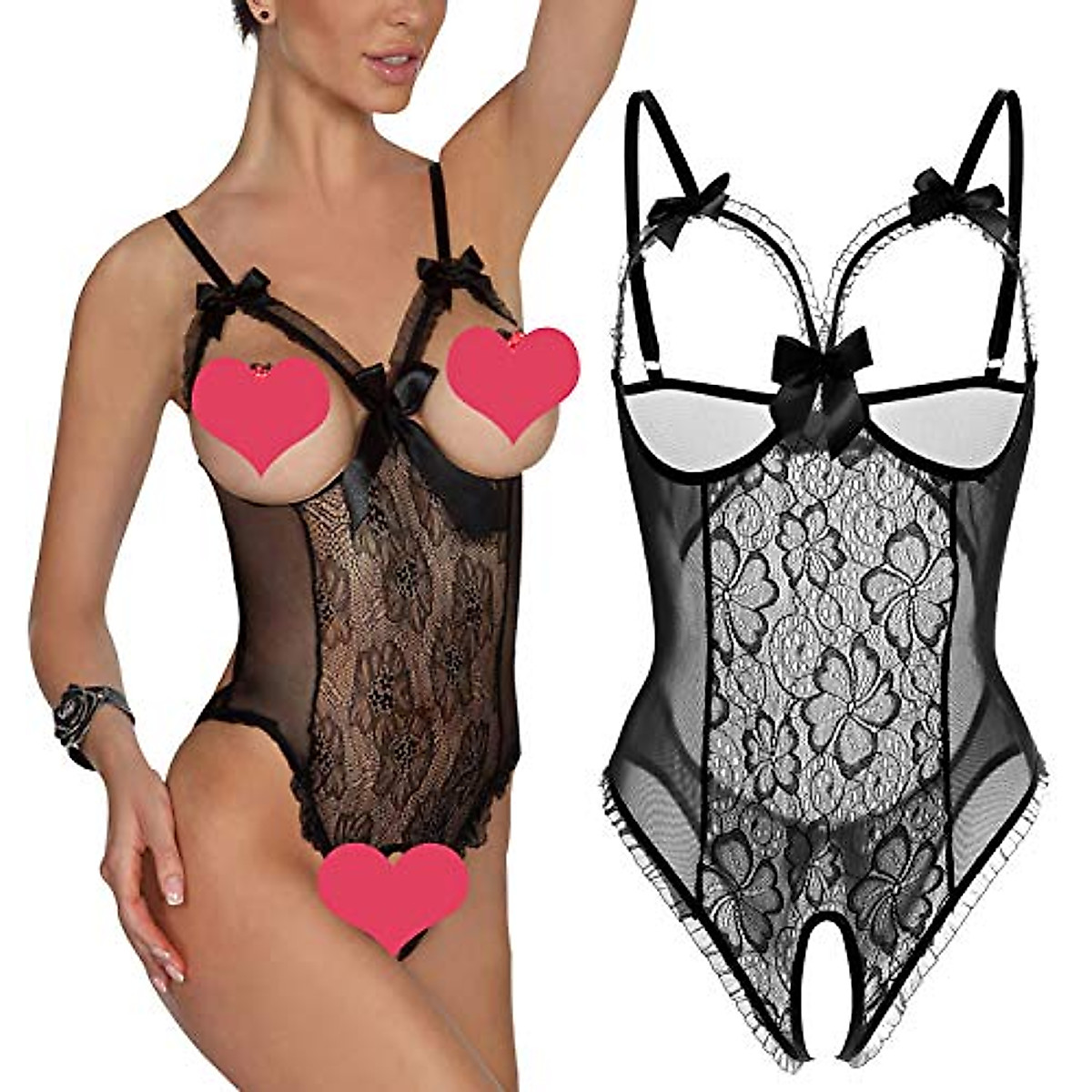AIBINGGE Lingerie for Women One-Piece Teddy Lingerie Sexy Bodysuit Lace Nightie S-3XL(Black,L)