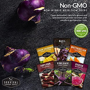 Survival Garden Seeds Exotic Vegetable Collection - Purple Vienna Kohlrabi, Lemon Cucumber, Watermelon Radishes, Opal Basil, Strawberry Popcorn, Tendersweet Orange Watermelon Non-GMO Heirloom Seeds
