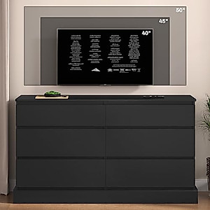 Hasuit 6 Drawer Double Dresser, 51.5''W Wooden Storage Chest of 6 Drawers, Large Capacity Clothing Storage Cabinet, Wide Black Dresser for Bedroom