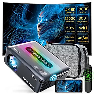 Native 1080P 4K Projector,Full HD Portable Home Projector,12000 Lumens 300" Display Indoor Outdoor Projector 4K 8K 5.8G WiFi BT 5.0 Trapezoidal Correction Compatible with Phone, PC,USB,TV Stick,Laptop