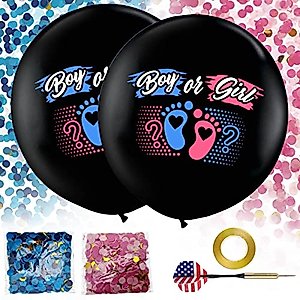 Lopeastar Gender Reveal Balloons Boy or Girl with Confetti and Dart, 2Pack 36inch Large Black Balloons Blue Pink for Gender Reveal Party Decoration