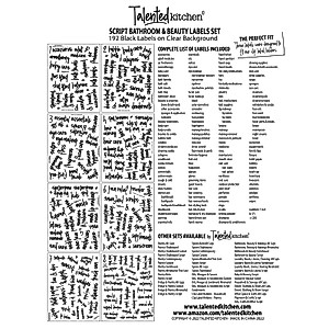 Talented Kitchen 192 Preprinted Bathroom Labels for Containers - Black Script Stickers for Organizer Bins, Bath, Beauty Canisters, and Makeup Storage Organization (Water Resistant)