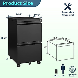 AFAIF 2 Drawer File Cabinet with Lock, Rolling File Cabinets for Home Office, Small Metal Filing Cabinet Office Drawers Under Desk for Letters/Legal/A4 Size, Assembly Required