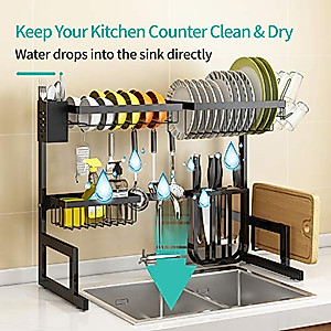 Dish Drying Rack Over Sink Adjustable (25.6"-33.5"),2 Tier Stainless Steel Length Expandable Kitchen Dish Rack,Large Dish Rack Drainer for Kitchen Organizer Storage Space Saver with 10 Utility Hooks