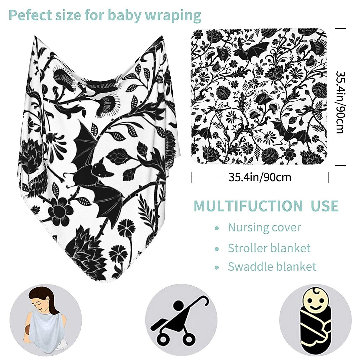 Christmas Goth Bat Flower Halloween Baby Swaddle Blankets boy Newborn Receiving Gothic Blankets Christmas Girl Baby Swaddle Blankets Large Swaddle Blankets Swaddling Wrap Silky Soft Gifts