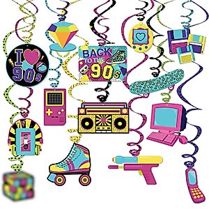 28Pcs Back to The 90s Party Hanging Swirls Decorations 90s Retro Ceiling Streamers for 1990s Throwback Birthday Party 90s Hip Hop Party Supplies