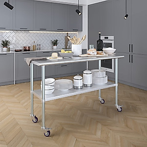 AmGood 24 in. x 60 in. Stainless Steel Work Table with Wheels | Metal Kitchen Food Prep Table | NSF