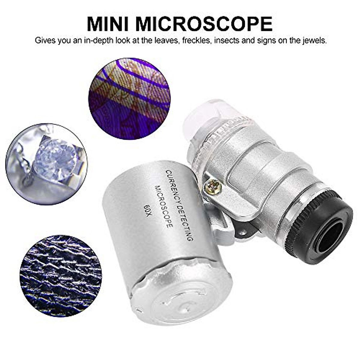 Mini 60X LED Microscope, Pocket Microscope Magnifier Microscope UV Currency Detector, for Jeweler Adjustable Magnifier