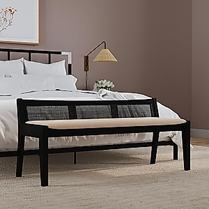 Powell Kasi Black Low Back Cane Bench with Beige Upholstered Seat