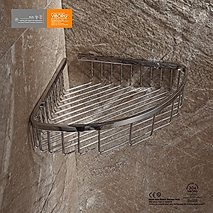VIBORG Deluxe Solid Thick SUS304 Stainless Steel Wire Wall Mounted Single Tier Bathroom Corner Shower Basket Bath Caddy Shelf Organizer Storage Holder for Shampoo Conditioner. Polished mirror-like