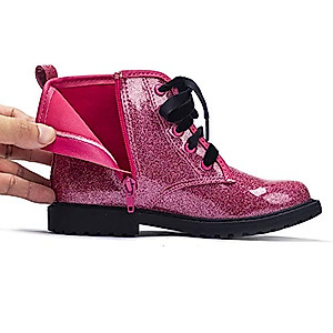FITORY Girls Glitter Ankle Boots, Lace Up Waterproof Combat Shoes With Side Zipper for Little Kid/Big Kid Hot Pink Size 11