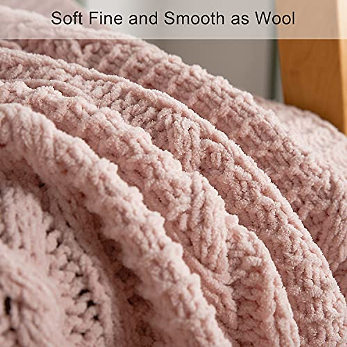 Chunky Knit Blanket with pom poms- Thick, Soft, Big, Cozy Throw Blankets for Couch, Bed, Sofa, Chair-50×60 Inches,Pink