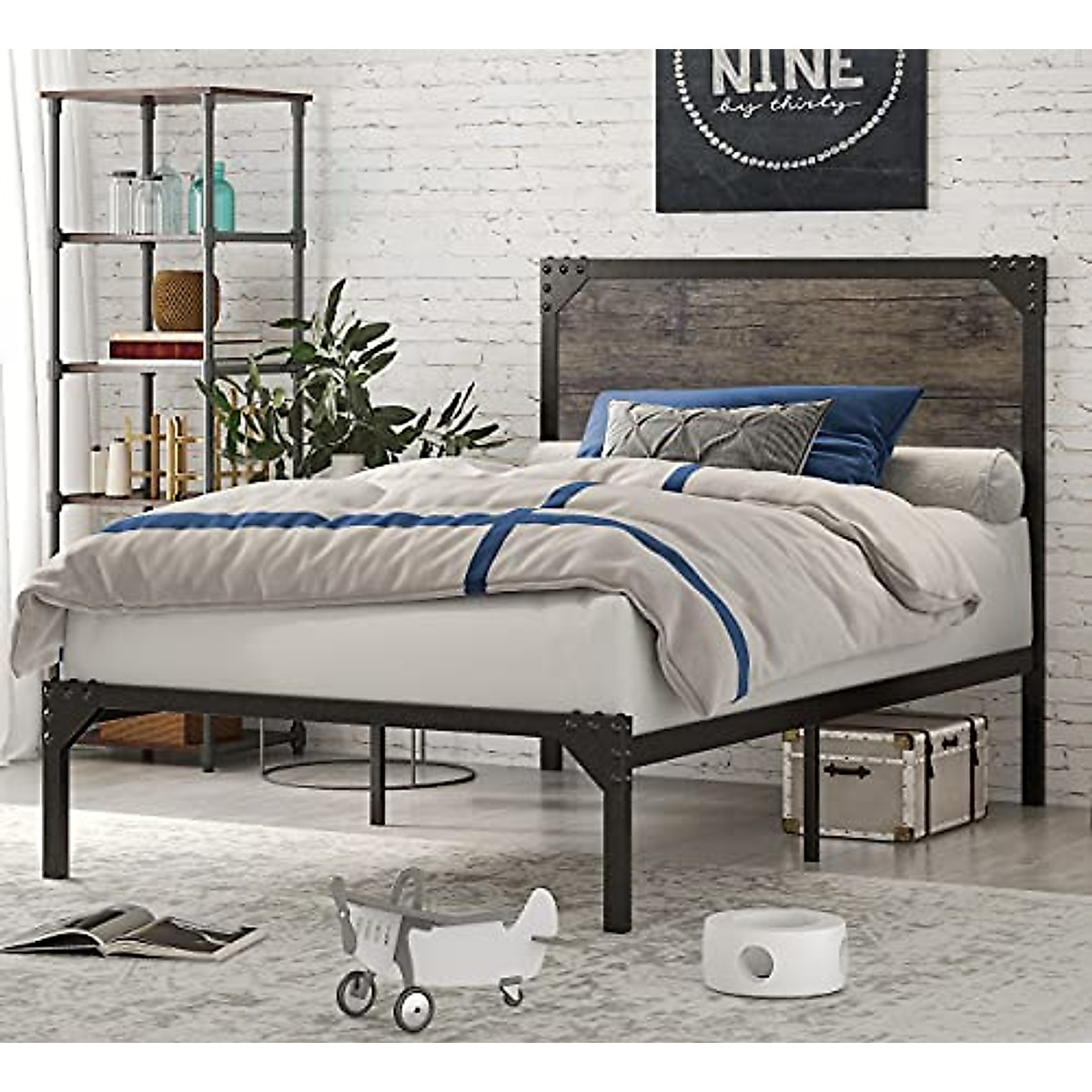 SHA CERLIN Twin Size Metal Platform Bed Frame with Wood Headboard, Mattress Foundation with Heavy Duty Metal Slats Support, No Box Spring Needed, Easy Assembly