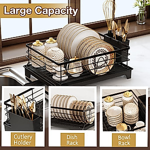 MAJALiS 304 Stainless Steel Dish Drying Rack for Kitchen Counter, 2 Tier Large Dish Draines, Dish Strainers with Drainboard Set, Dish Dryer Rack with Utensil Holder, Knife Holder (Black)