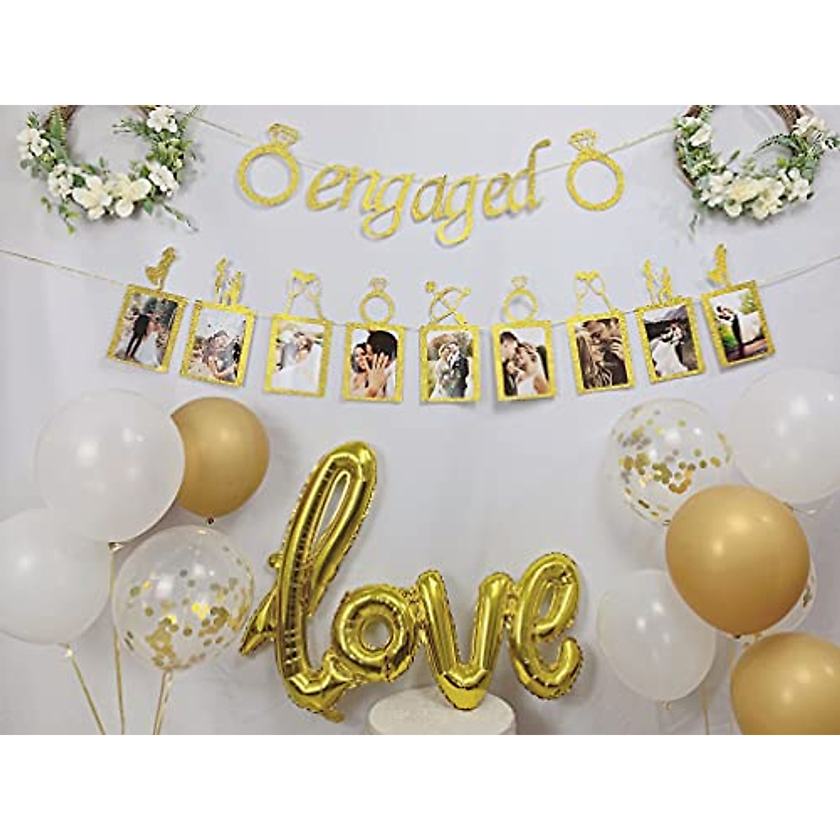 Engagement Wedding Decorations,Gold Engaged Banner, Photo Banner and Set of 12+5 distinctive Balloons for Engagement/Wedding/Anniversary/Valentines Day Party