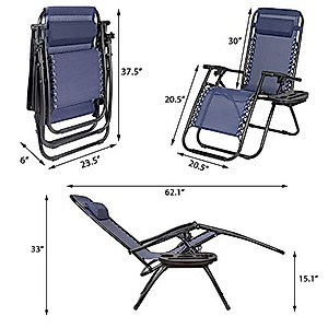 JUMMICO Zero Gravity Chair Patio Outdoor Adjustable Reclining Folding Chair Lawn Lounge Chair for Deck Beach Yard and Beach with Pillows Set of 2 (Dark Blue)