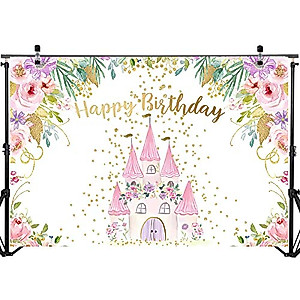 Mocsicka Pink Castle Birthday Backdrop Princess Floral Birthday Party Decorations Photo Backdrops Gold Dots Sweet Girl's Bday Photography Background (7x5ft)