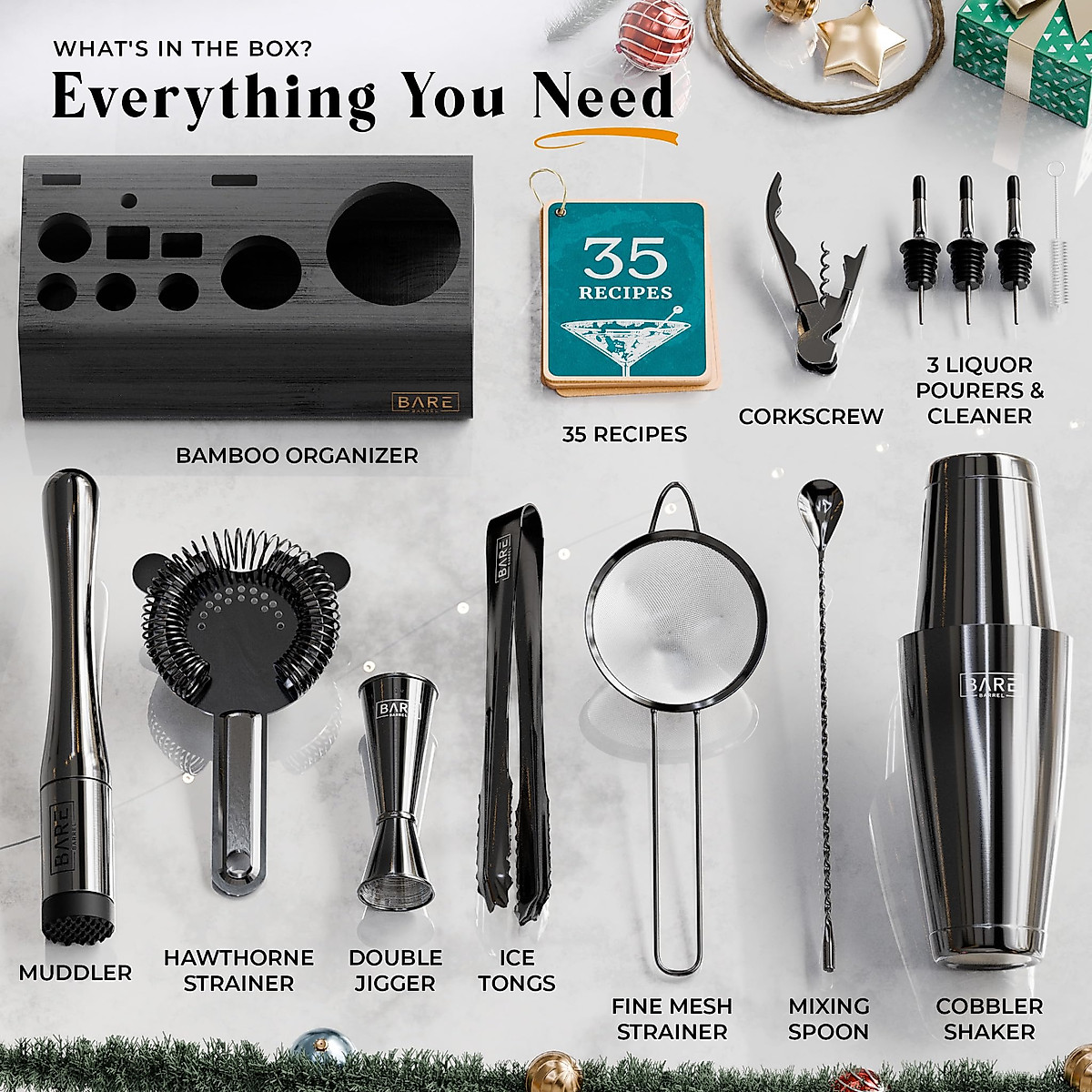 BARE BARREL® Mixology Bartender Kit Bar Set | 14-Piece Cocktail Shaker Set | Martini Barware Mixing Tools for Home Bartending | Incl. 35 Recipe Cards | Gift Set (28oz Boston Shaker, Jet Black/Black)