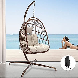 NICESOUL® Egg Chair Indoor Outdoor Patio Wicker Hanging Chair Swing Hammock Egg Shell Chairs UV Resistant Cushions 350lbs Capacity for Patio Backyard Balcony Brown with Cover