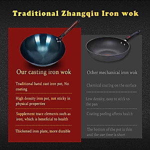 TKRADISH 13 Inch Chinese Hand Hammered Iron Wok and Stir Fry Pans with Wooden Handle and Lid Round Bottom Wok Pan Non-stick No Coating Ideal for Home Use and Gift Giving