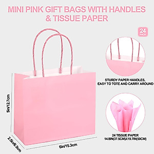 DjinnGlory 24 Pack Mini Tiny Small Pink Paper Gift Bags with Handles 6x5x2.5 Inch and 24 Tissue Paper for Wedding Baby Shower Princess Birthday Party Favors Goodies