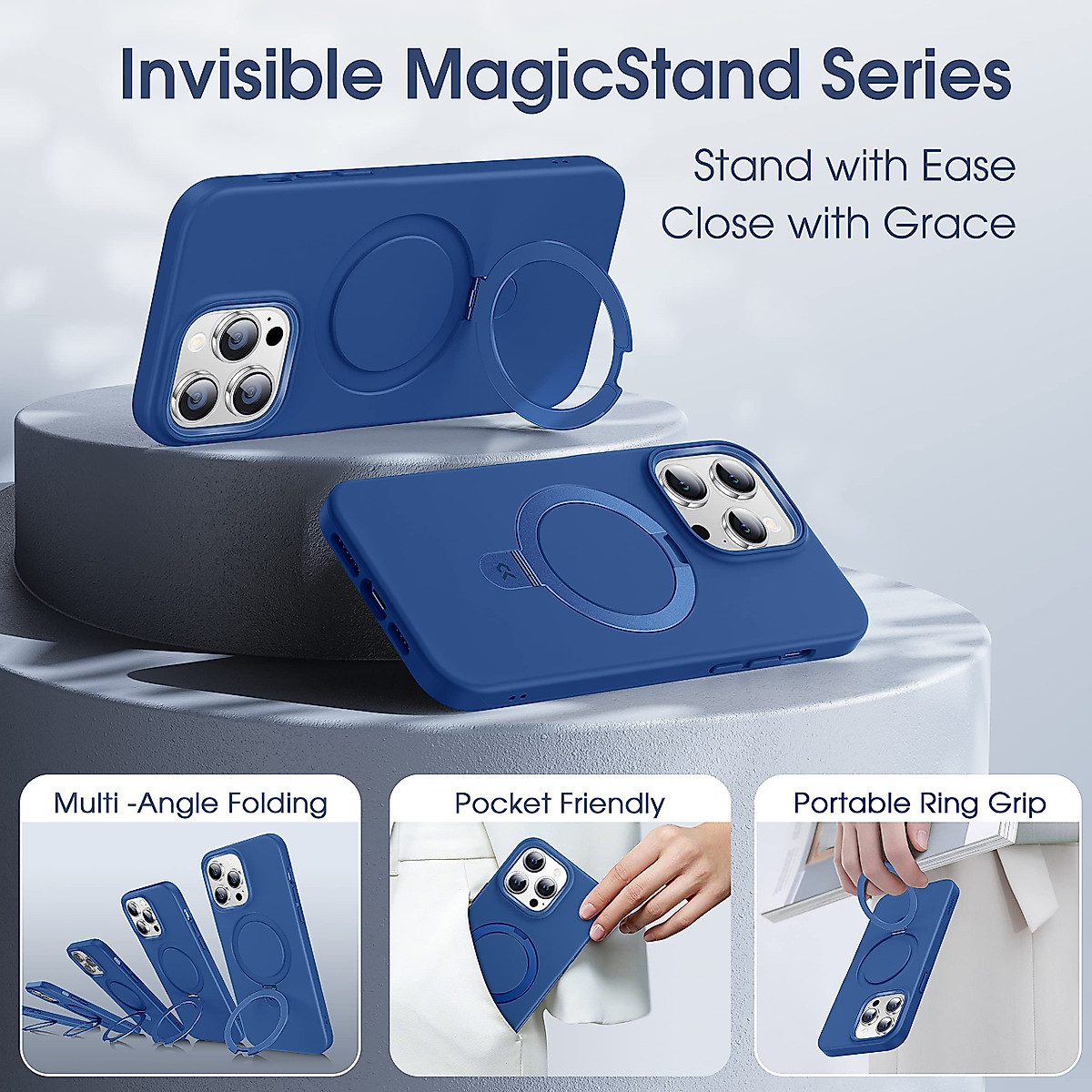 CASEKOO for iPhone 14 Pro Max Case with Invisible Stand [Compatible with MagSafe] [Dust-Free Antistatic Silicone] Protective Non-Slip Phone Cover Cases for Women Men 6.7 inch, Blue