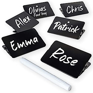 Basket Bin Labels Clip On, 6 Pc Labels for Storage Bins, Chalkboard Labels, Black Metal Label Clips, Bag Clip, with White Marker, Tags for Baskets, Home, Book Pantry Organizing