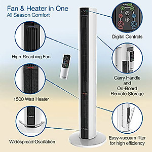 Lasko 1500 Watt 4 Speed Quiet Bladeless Multi Function Remote Control Comfort Control Tower Fan and Space Heater with 3 Heat Settings, White
