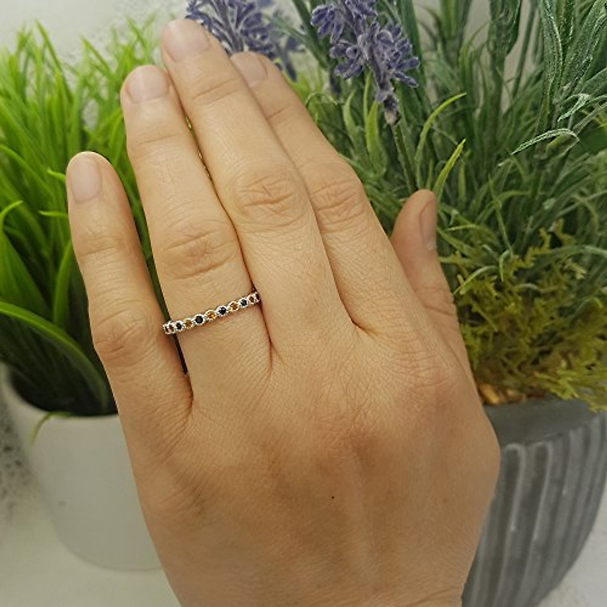 Dazzlingrock Collection Round Citrine & Blue Sapphire Eternity Stackable Wedding Band in 14K White Gold, Size 8