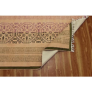 Casavani Hand Block Printed Rug Geometric Green & Pink Tassel Rug Boho Area Rug Easy Care Washable Rugs for Doormat Entryway Living Room Bedroom Hallway Balcony 4x10 Feet Runner