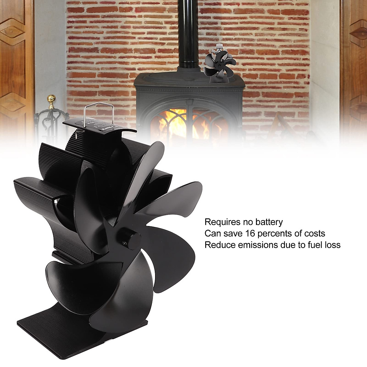 Naroote Stove Eco Fan, 6 Blade 1400rpm Wind Speed High Temperature Resistant Heat Powered Fan for Gas Furnaces