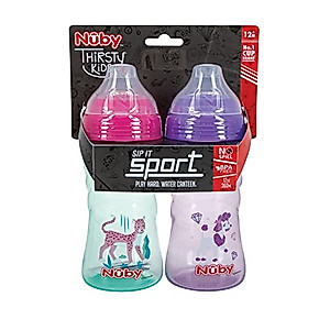 Nuby 2 Pack No Spill Printed Thirsty Kids No-Spill Sip-it Sport Cup with Soft Spout and Lid - 12oz, 12+ Months,2 Count(Pack of 1),Print May Vary