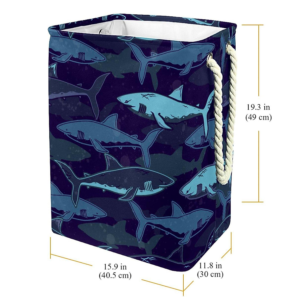 Laundry Basket With Handles Waterproof Collapsible Laundry Hamper For Storage Bins Kids Room Home Organizer Navy Blue Sharks Ocean Sea, 19.3x11.8x15.9 In
