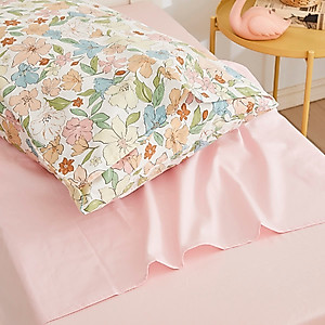 Brandream Toddler Bedding Set Girls Pink Floral Comforter Sheet Set 4 Piece Bed in A Bag Farmhouse Kids Baby Bedding with Fitted Sheet Flat Sheet Pillowcase, Luxury Design