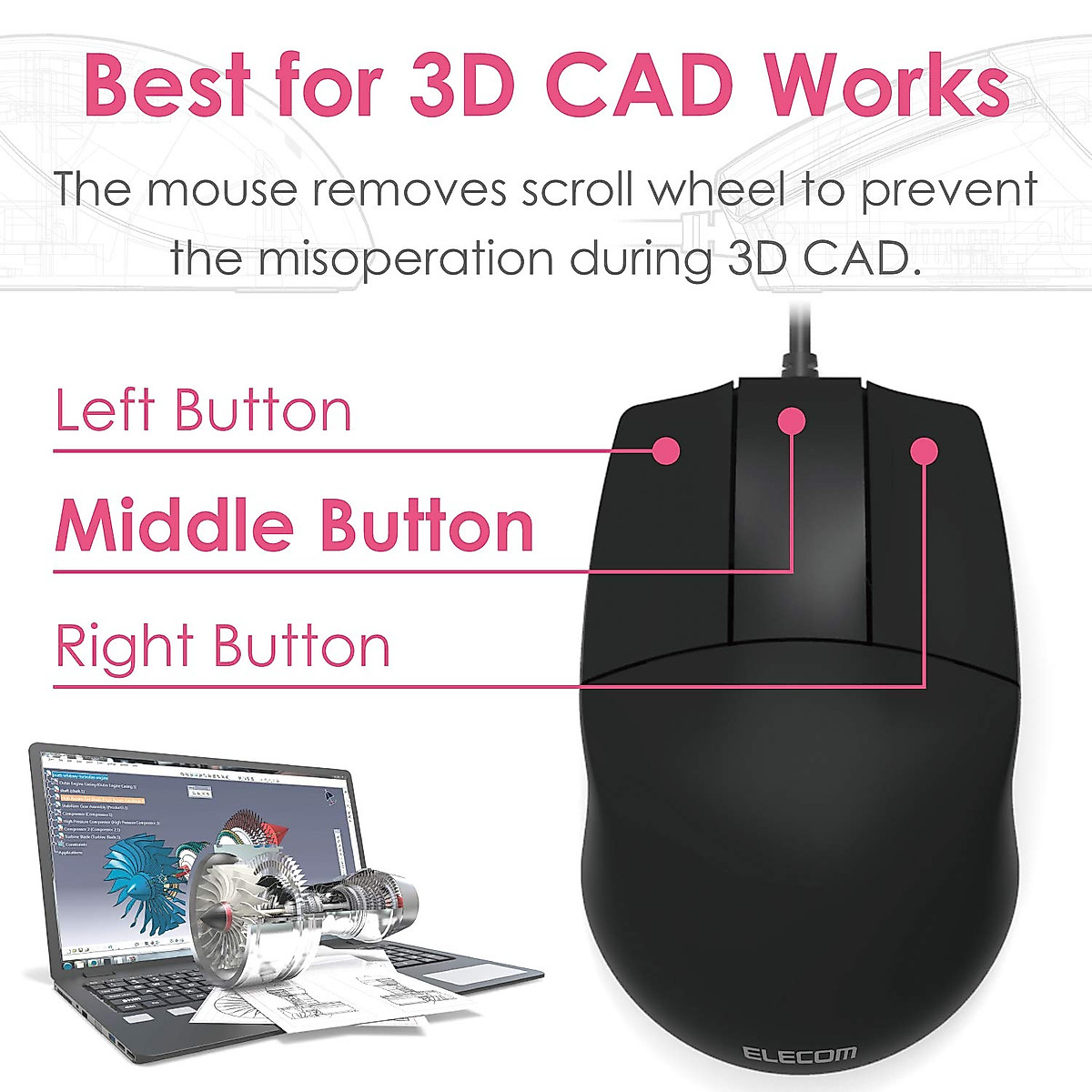 ELECOM -Japan Brand- Wired Connection, Basic 3D-CAD Mouse, No Scroll Wheel, 3 Button Computer Mouse with Smooth Optical Tracking, Blue LED, 600/1200 DPI, for Windows/Mac (M-CAD01UBBK)