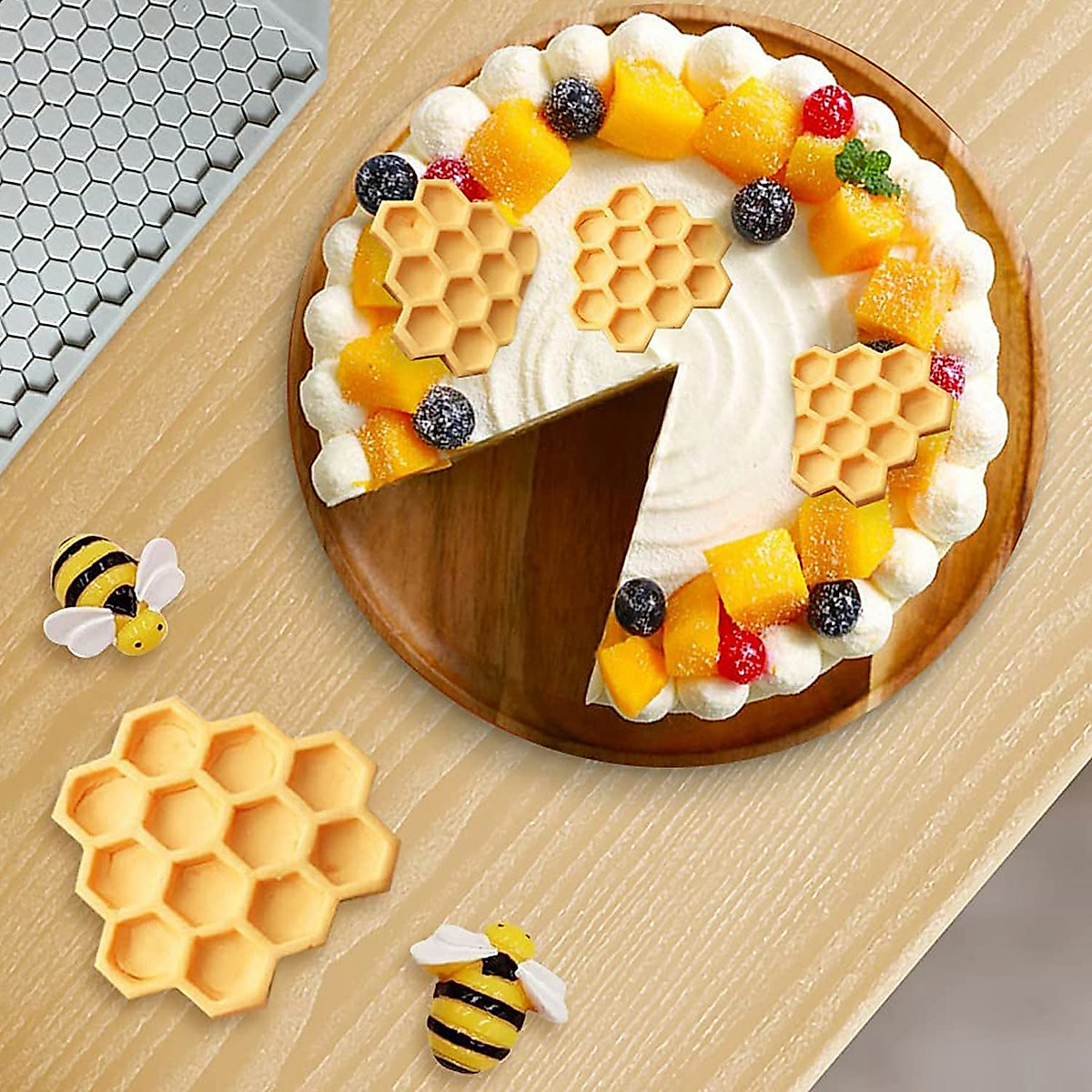 Amison Honeycomb Bees Silicone Fondant Cake Mold, 3Pcs 7 Cavity Bumble Bee Silicone Mold, Beehive Silicone Baking Molds, Silicone Cupcake Decorating Fondant Candy Baking Cake Moulds, Sugar Cube Mold