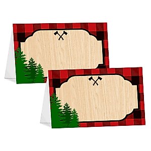 POP parties Lumberjack Table Tents - 12 Lumberjack Buffet Cards - Lumberjack Buffalo Plaid Place Cards - Lumberjack Decorations - Camping Party Decorations - Lumberjack Party Supplies