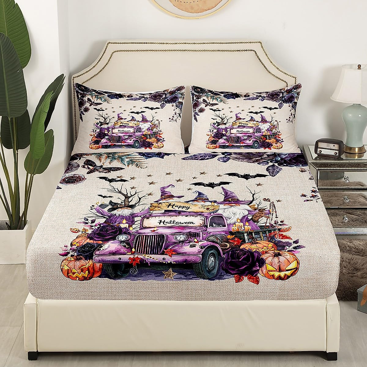 Manfei Happy Halloween Fitted Sheet Full Size, Cute Gnome Ghost Bed Cover with 2 Pillowcases, Gothic Moth Floral Bedding Set 3pcs for Kids Boy Girl Room Decor, Soft Polyester Bedding