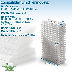 Alocs WF813 Humidifier Filter Replacement for Relion - RCM832 RCM-832N Procare PCWF813 Protec WF813 Equate EQ-2119-UL EQWF813 Cool Mist Humidifiers Wick Filters (Pack of 4)