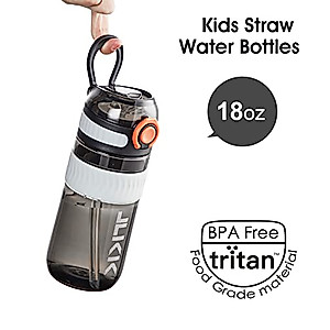 TKK 18oz Kids Water Bottles with Straw Lid & Carry Handle, Pop Button BPA Free Leak Proof Water Bottle for School, Black-NEW