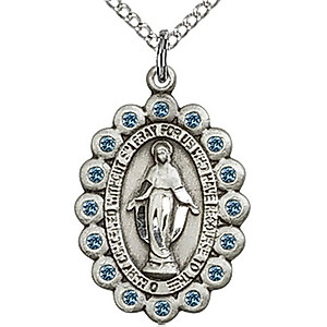 Heartland Store Women's Sterling Silver and Blue Glass Crystals Miraculous Medal with 18" Sterling Silver Chain