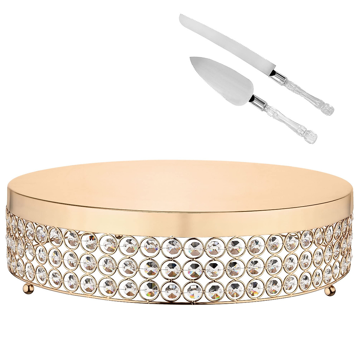 16'' Gold Cake Stand with Stainless Steel Cake Knife & Server – 3Pcs Set Luxurious Cake Holder with Crystal Beads – Multipurpose Dessert Stand Dessert Table Display for Wedding, Party, (Clear)