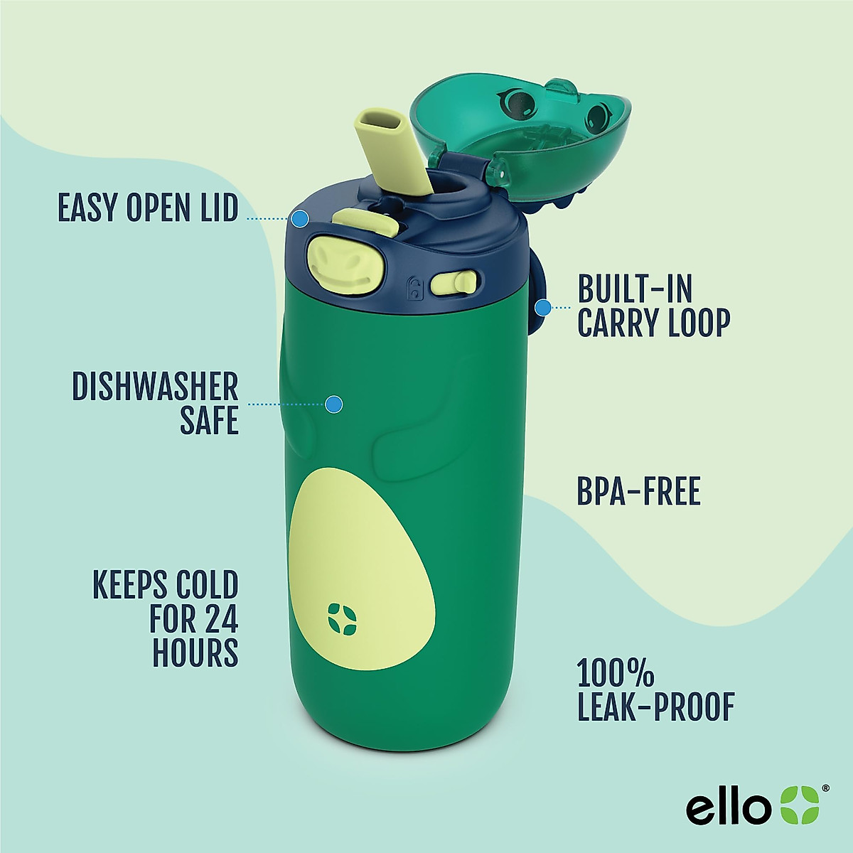 Ello Ellies 12oz Vacuum Insulated Stainless Steel Kids Water Bottle with Straw and Built-in Carrying Handle and Leak-Proof Locking Lid for School Backpack, Lunchbox and Outdoor Sports, Dino
