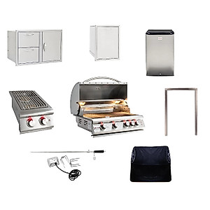 BLAZE BBQ Outdoor Gas Grill Package of 32” LTE Built-in Gas Grill, LTE Built-In Double Side Burner, 32” Door & Two Drawers Combo, Roll Out Double Trash Drawer, Compact Refrigerator and Accessories