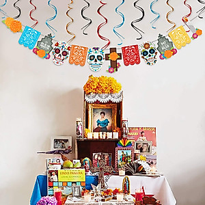 Day of the Dead Hanging Swirl Decorations 30 Ct Día de los Muertos Hanging Ceiling Spirals Decor Sugar Skull Papel Picado Marigold Flowers Cutouts for Mexican Birthday Wedding Halloween Party Supplies