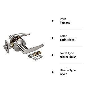BESTTEN Passage Door Lever Lock Set with Removable Latch Plate, Roma Series, No Locking Door Handle for Hallway or Closet, Satin Nickel