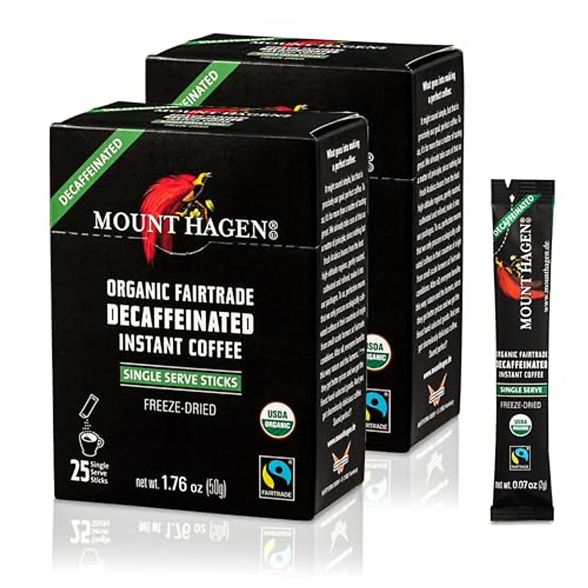Mount Hagen 25 Count Single Serve Instant Decaf Coffee Packets - 2 Pack | Decaffeinated Organic Medium Roast Arabica Beans | Eco-friendly, Fair-Trade [2 x 25 sticks/1.76oz/50g]