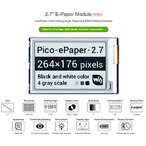Waveshare 2.7inch E-Paper Display Module for Raspberry Pi Pico, 264×176 Resolution Black/White Two-Color E-Ink Screen, SPI Interface 4 Grayscale，with Three User Buttons for Easy Interacting