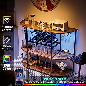 JUMMICO Wine Bar Cabinet with LED Light and Charging Station, Freestanding Wine Racks & Cabinet with 3 Tiers Storage Shelves and Footstands, Coffee Liquor Bar Cabinets for Home/Kitchen (Brown)